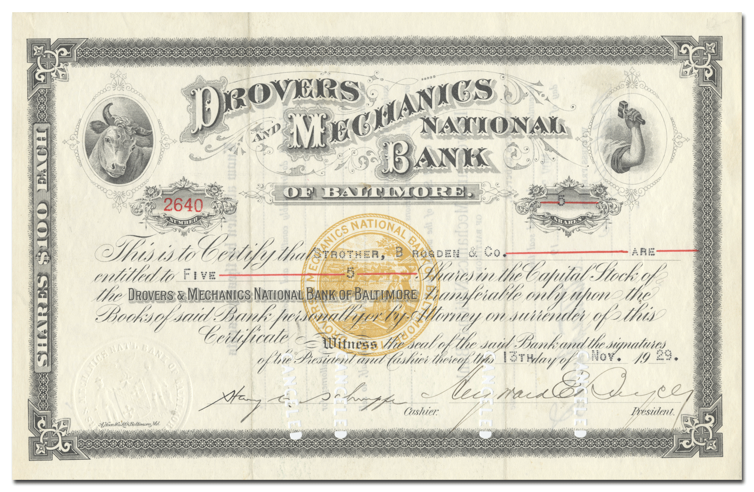 Drovers And Mechanics National Bank Of Baltimore Stock Certificate drovers-and-mechanics-national-bank-of-baltimore-stock-certificate