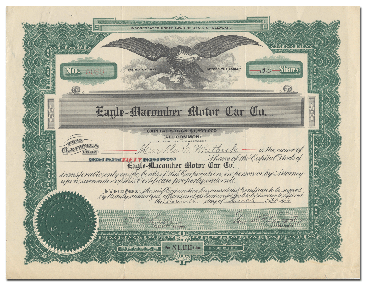 Eagle-Macomber Motor Car Co. Stock Certificate - Ghosts of Wall Street