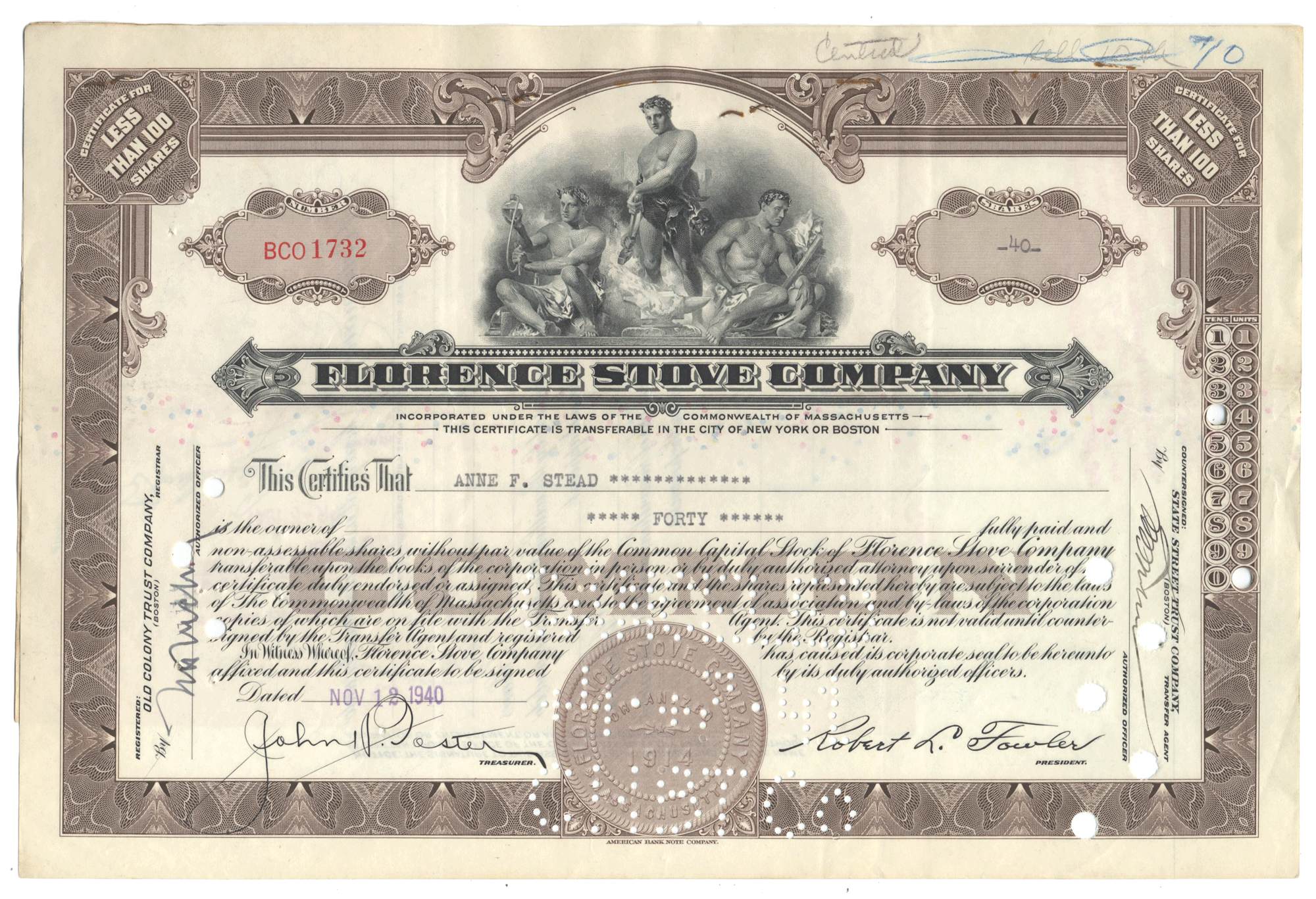 Florence Stove Company Stock Certificates - Ghosts of Wall Street