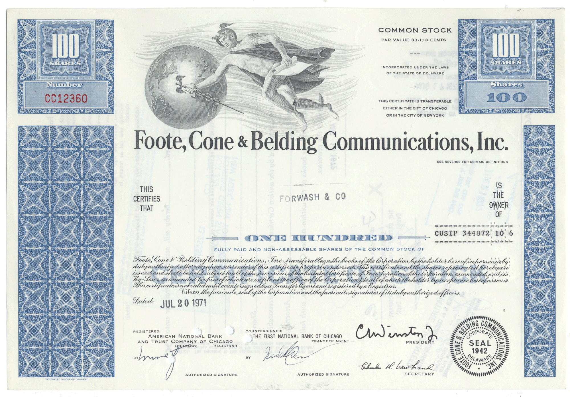 Foote, Cone & Belding Communications, Inc. Stock Certificate - Ghosts ...
