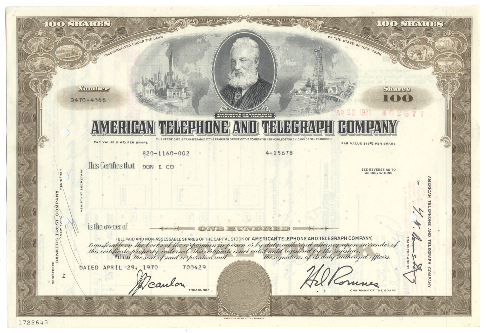 American Telephone & Telegraph Company (AT&T) Stock Certificate ...