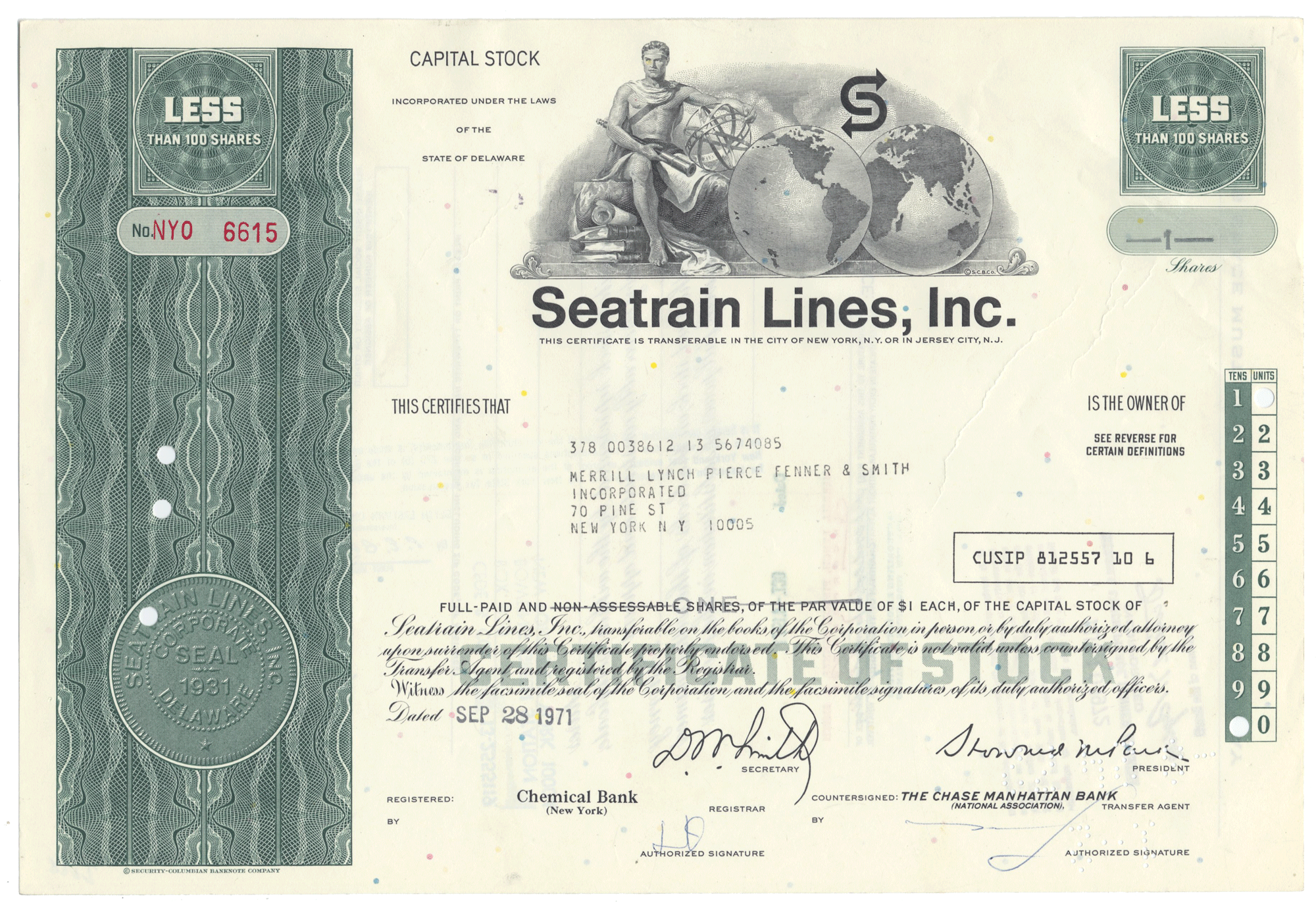 Seatrain Lines, Inc. Stock Certificate - Ghosts of Wall Street