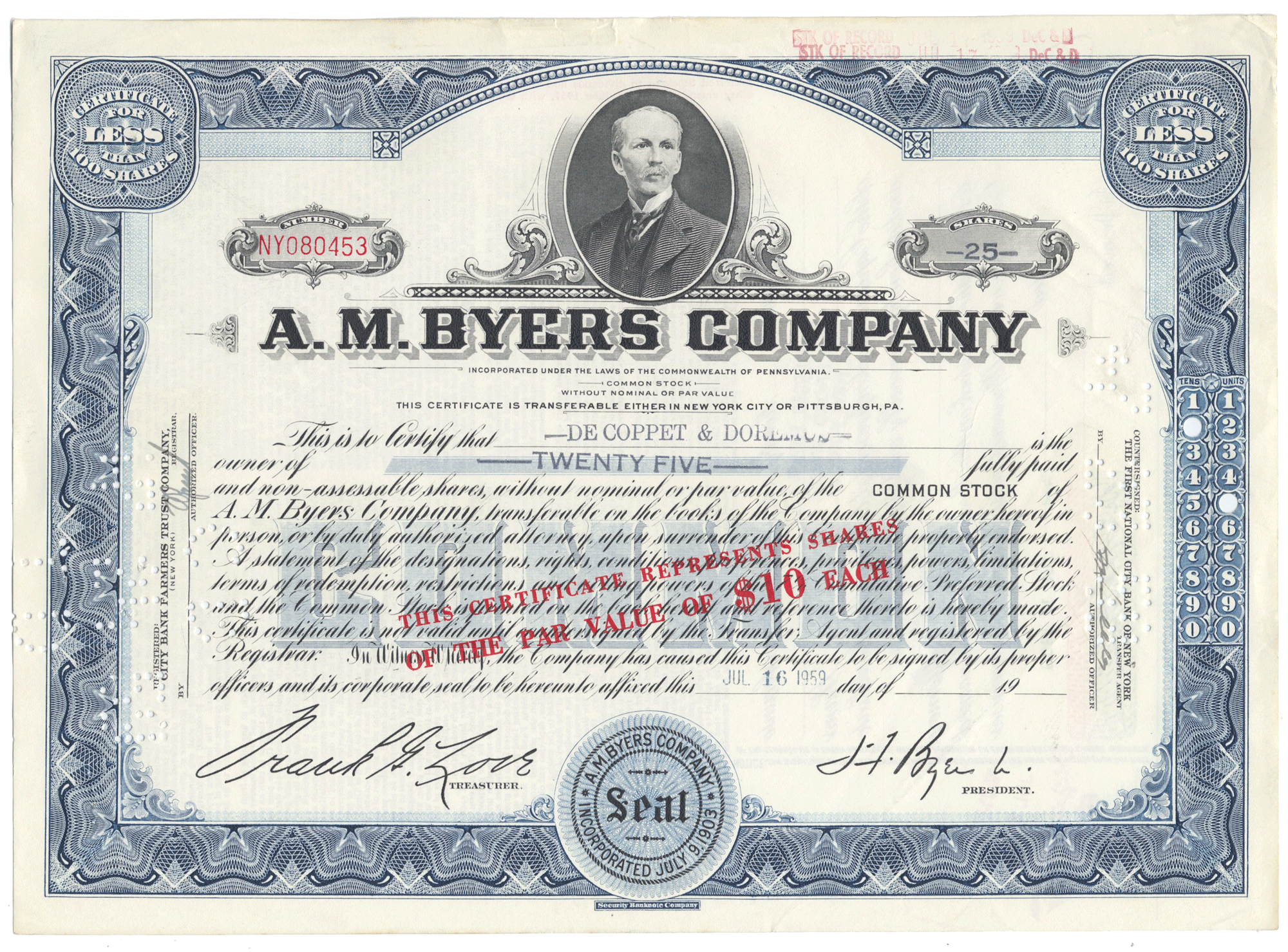 A. M. Byers Company Stock Certificate - Ghosts of Wall Street