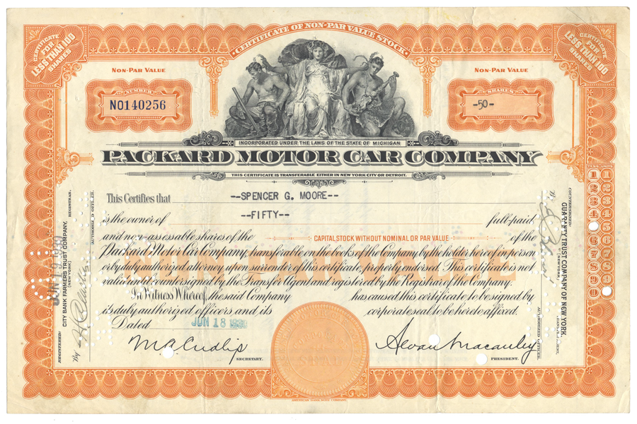 Packard Motor Car Company Stock Certificate - Ghosts of Wall Street