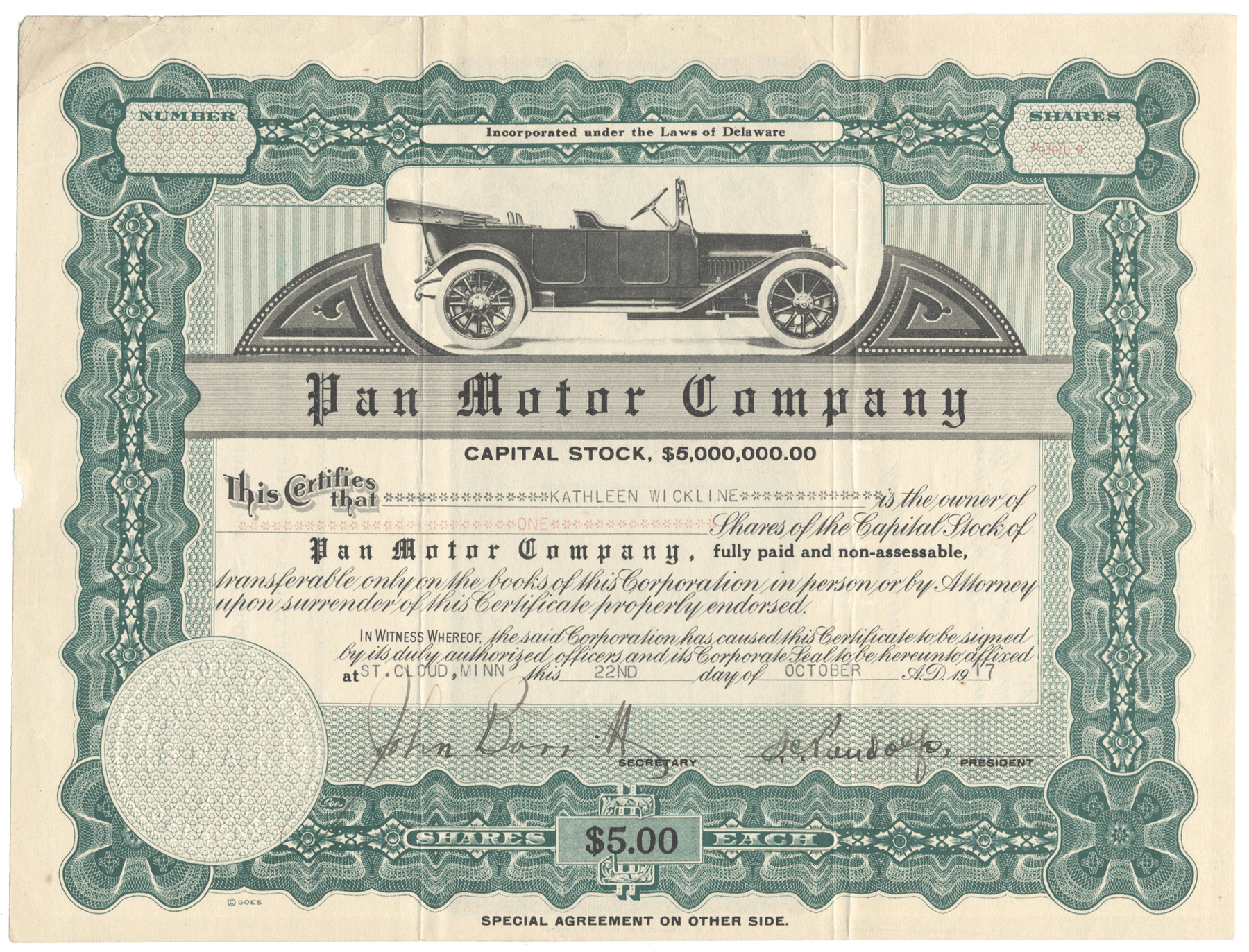 Pan Motor Company Stock Certificate Signed by Samuel Pandolfo – Ghosts ...