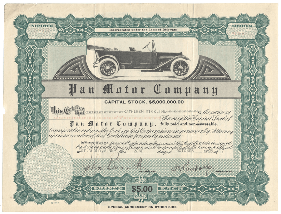 Pan Motor Company Stock Certificate Signed by Samuel Pandolfo – Ghosts ...