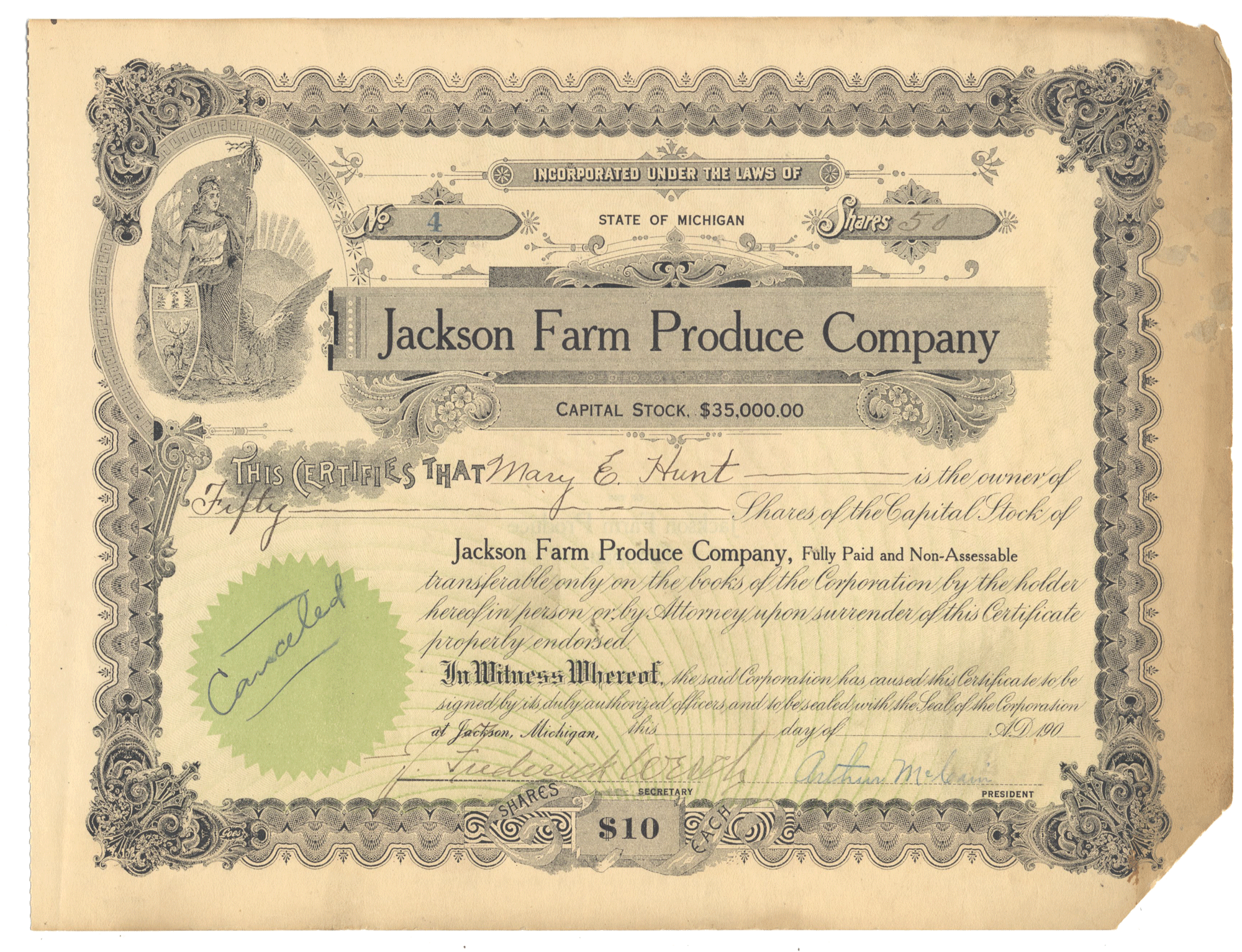 Jackson Farm Produce Company Stock Certificates - Ghosts of Wall Street
