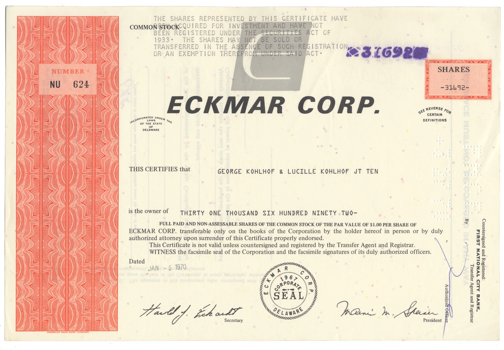 Eckmar Corp. Stock Certificates - Ghosts of Wall Street
