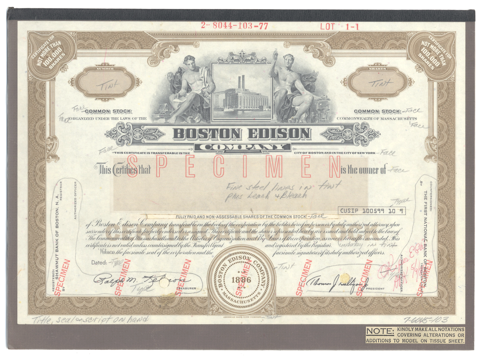 Very Rare BOSTON EDISON Working Proof Stock Certificate - Ghosts of ...