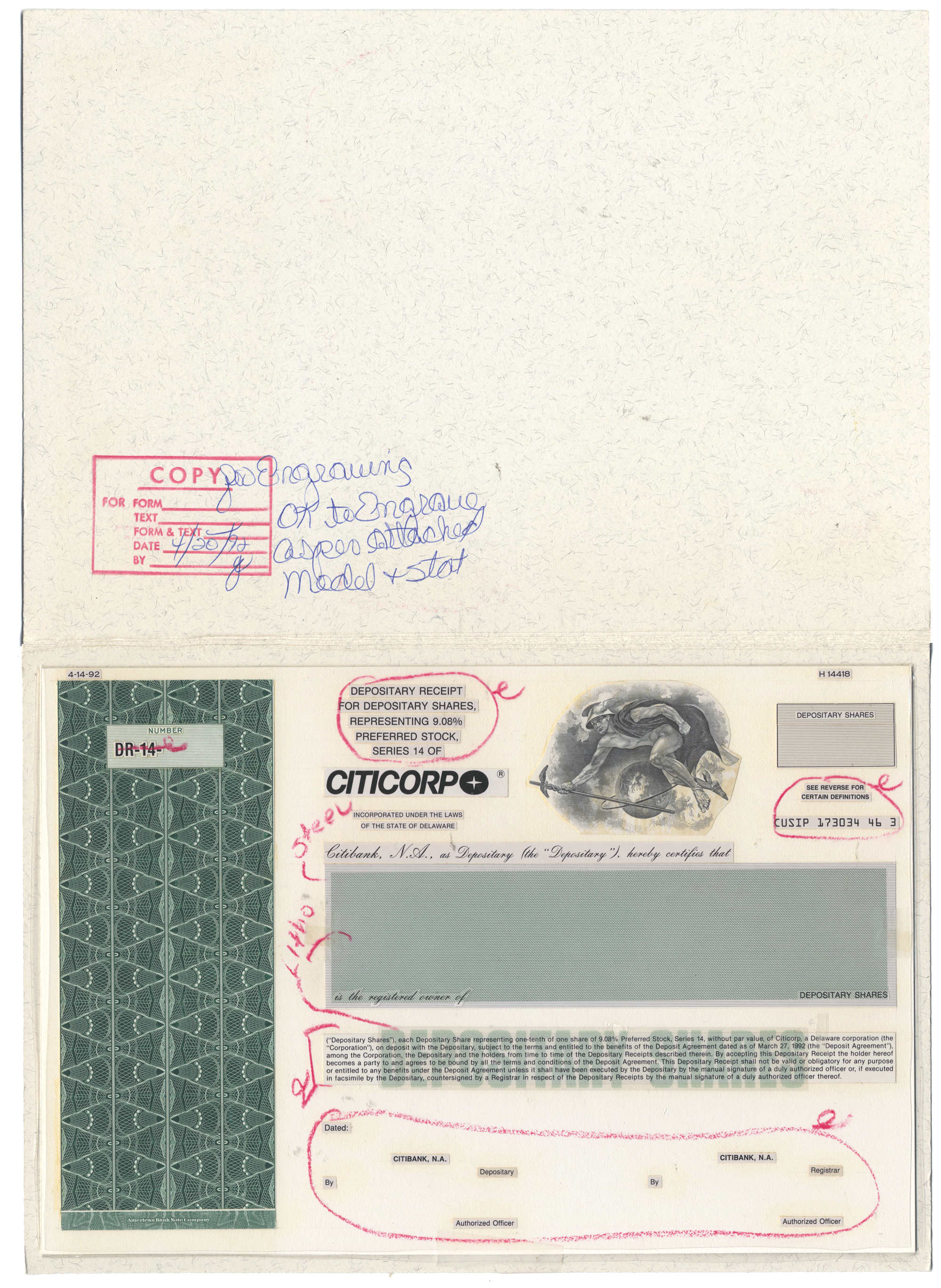 Very Rare CITICORP Working Proof Stock Certificate - Ghosts of Wall Street