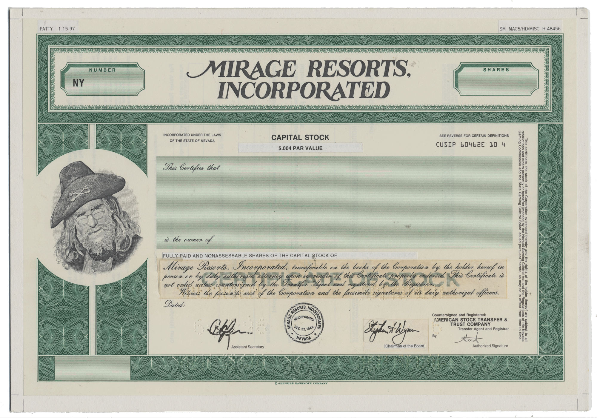 Rare MIRAGE RESORTS Working Proof Stock Certificate - Ghosts of Wall Street