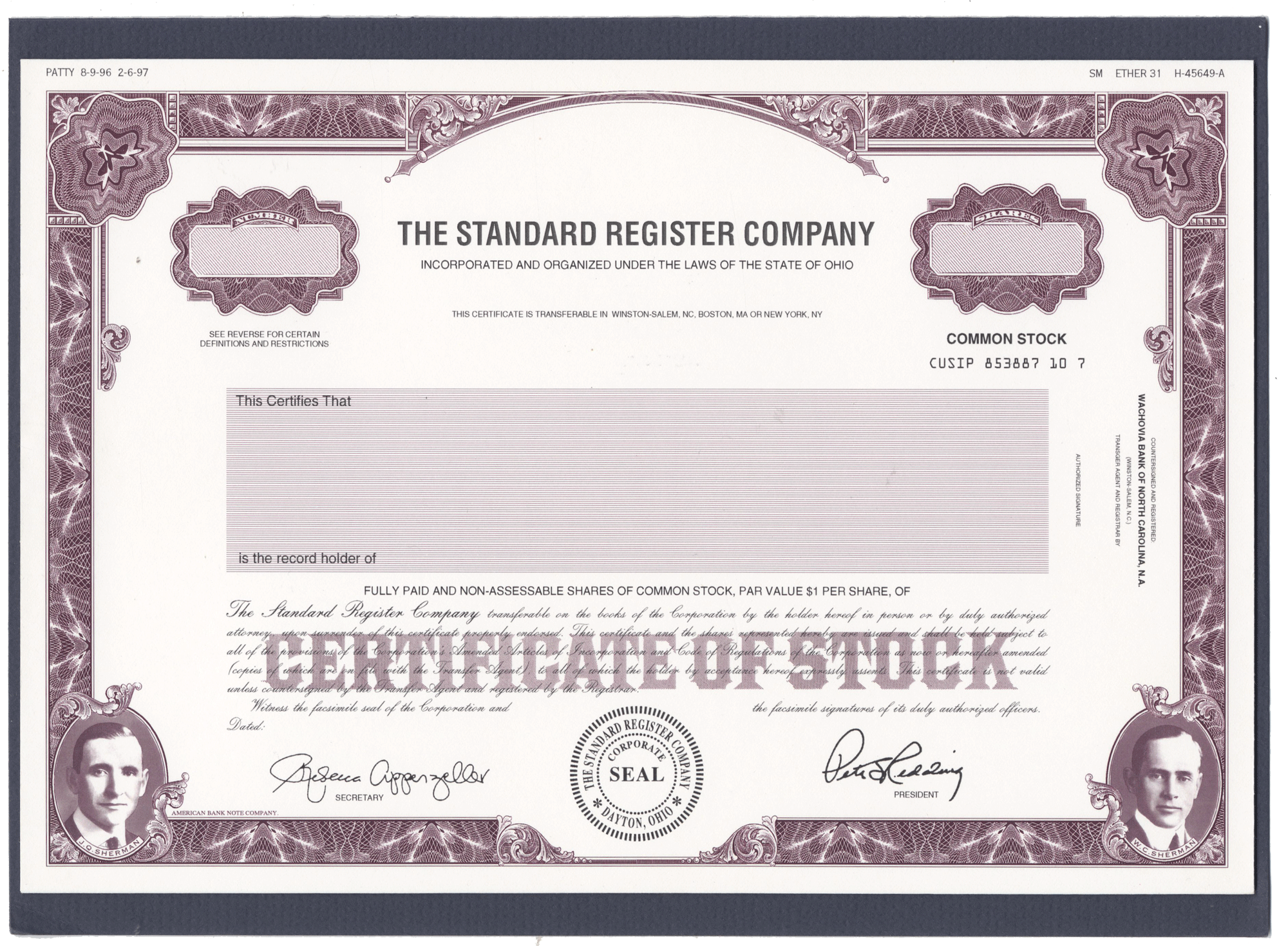 Rare STANDARD REGISTER COMPANY Working Proof Stock Certificate - Ghosts ...