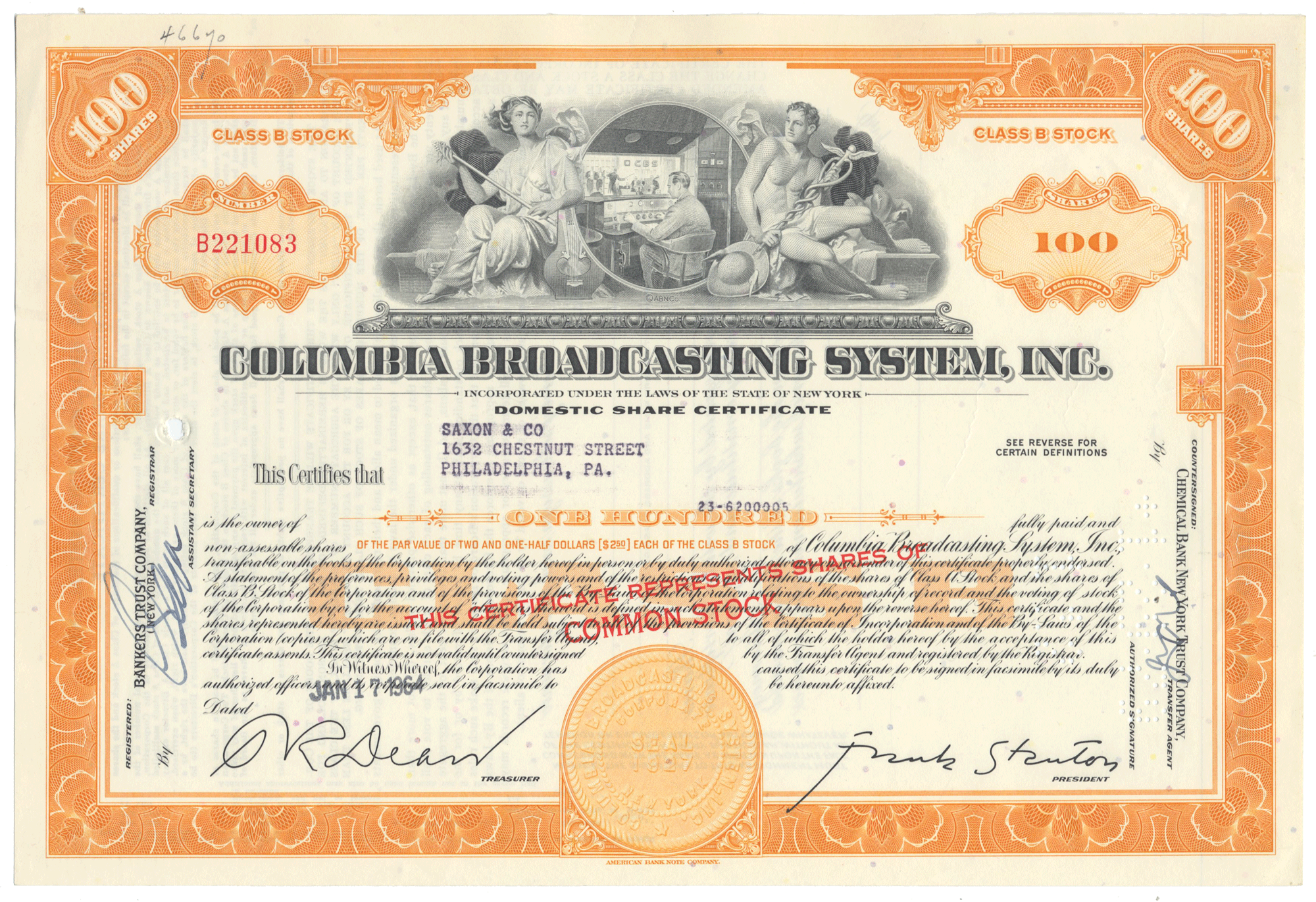 Columbia Broadcasting System, Inc. (CBS) Stock Certificate - Ghosts of ...