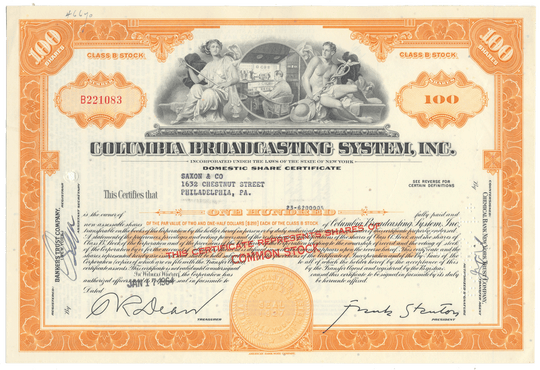 Columbia Broadcasting System, Inc. (CBS) Stock Certificate - Ghosts of ...