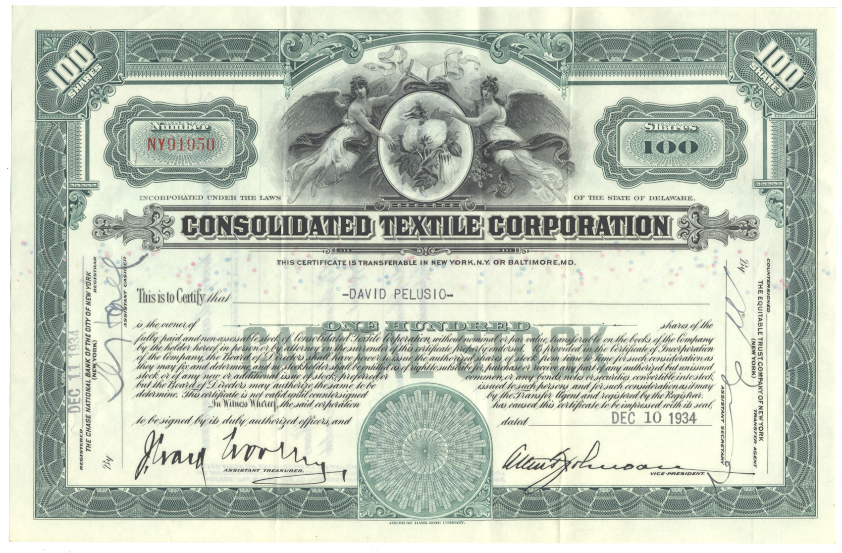 Consolidated Textiles Corp. Stock Certificate - Ghosts of Wall Street