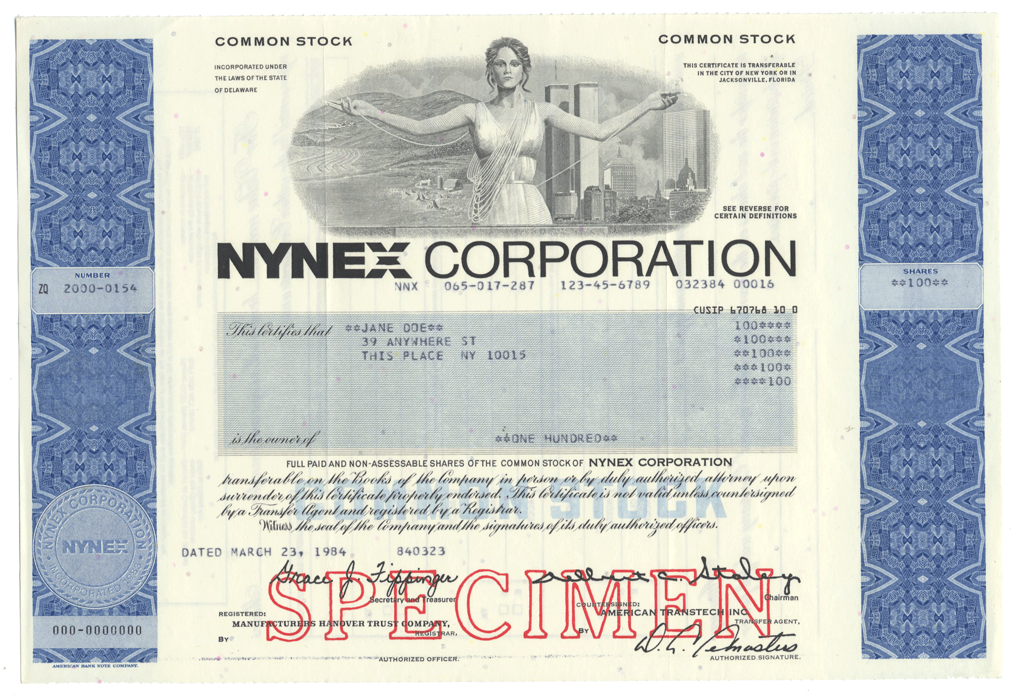 NYNEX Corporation Specimen Stock Certificate - Ghosts of Wall Street