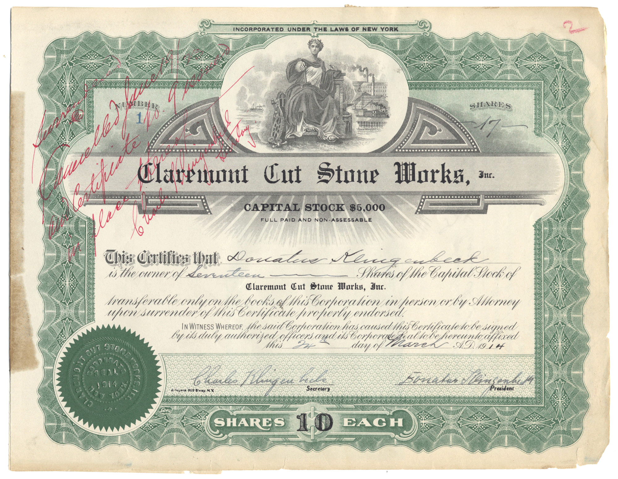 Claremont Cut Stone Works, Inc. Stock Certificate (Certificate #1 ...