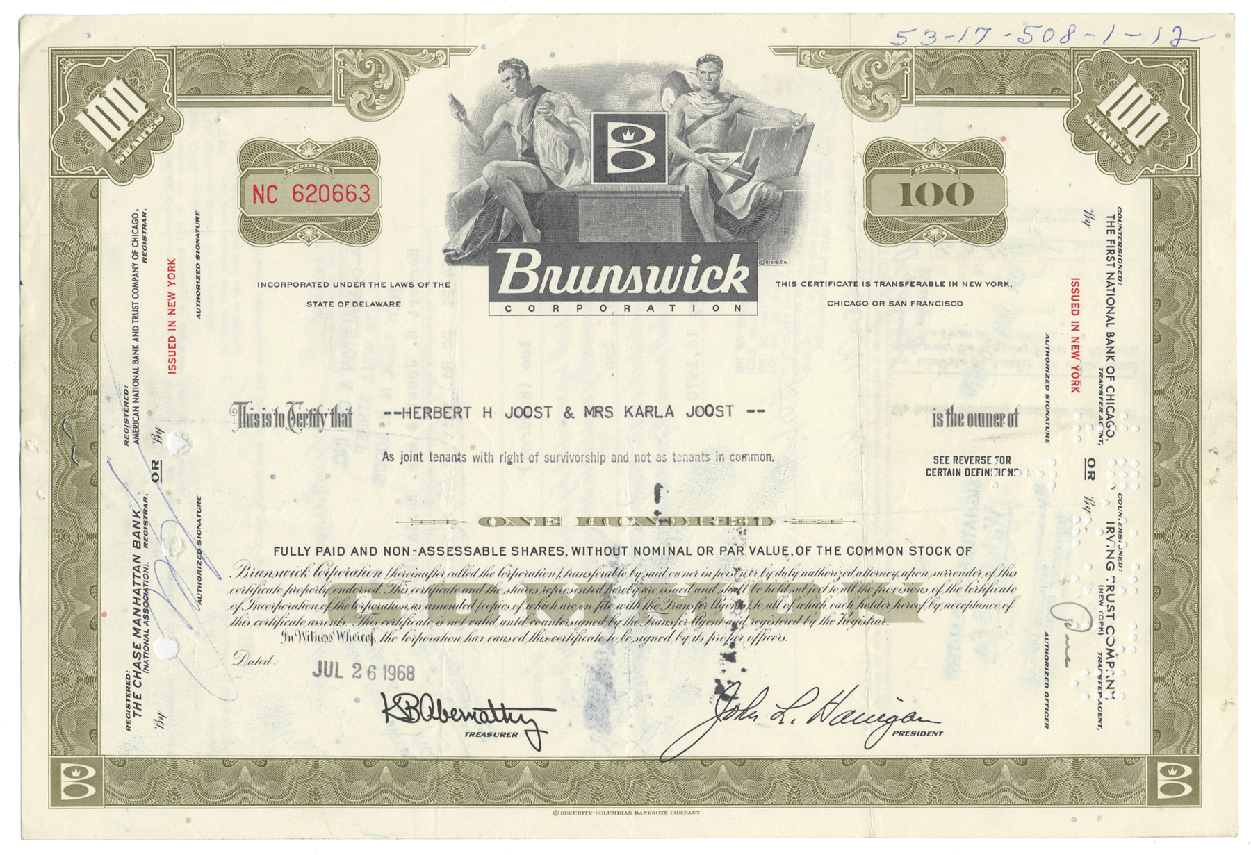 Brunswick Corporation Stock Certificate - Ghosts of Wall Street