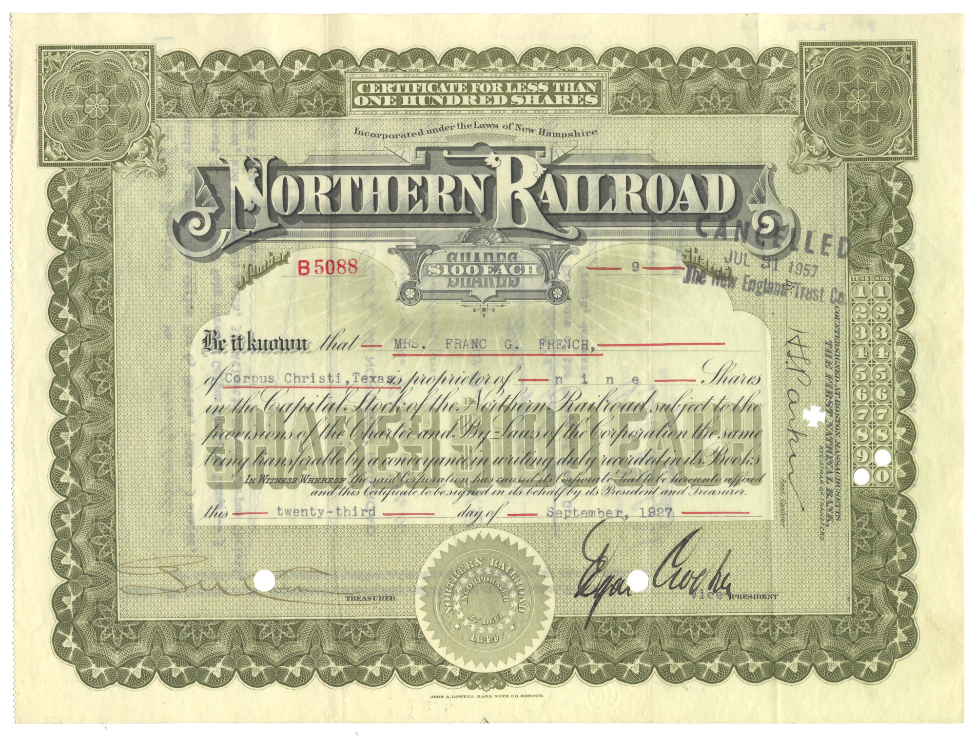 Northern Railroad Stock Certificate - Ghosts of Wall Street
