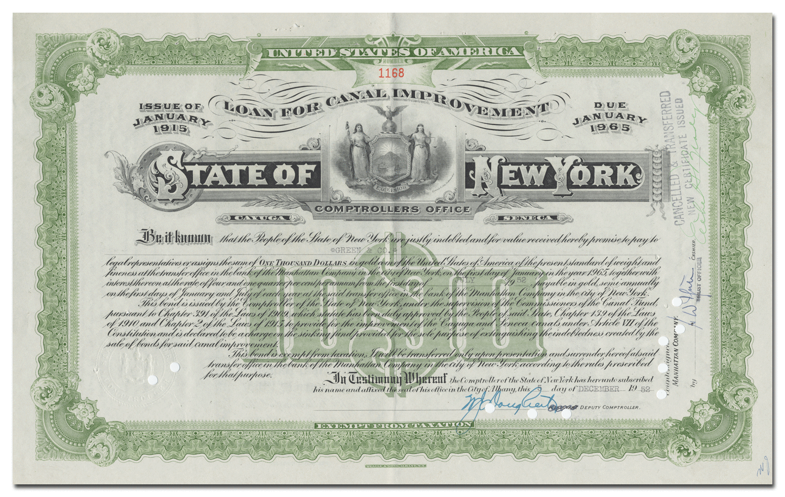 State of New York Canal Improvement Bond - Ghosts of Wall Street