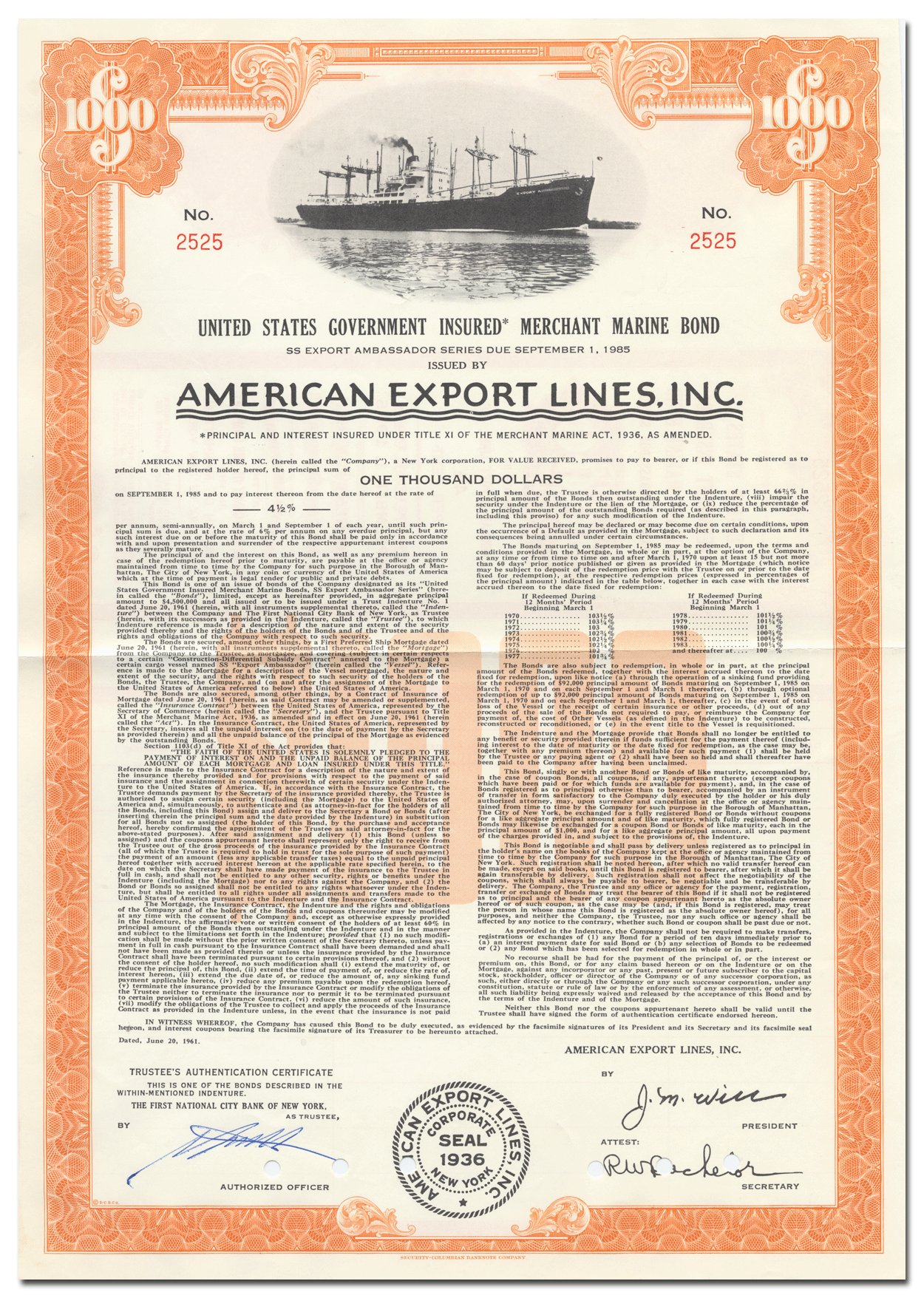 American export Lines, Inc. Bond Certificate - Ghosts of Wall Street