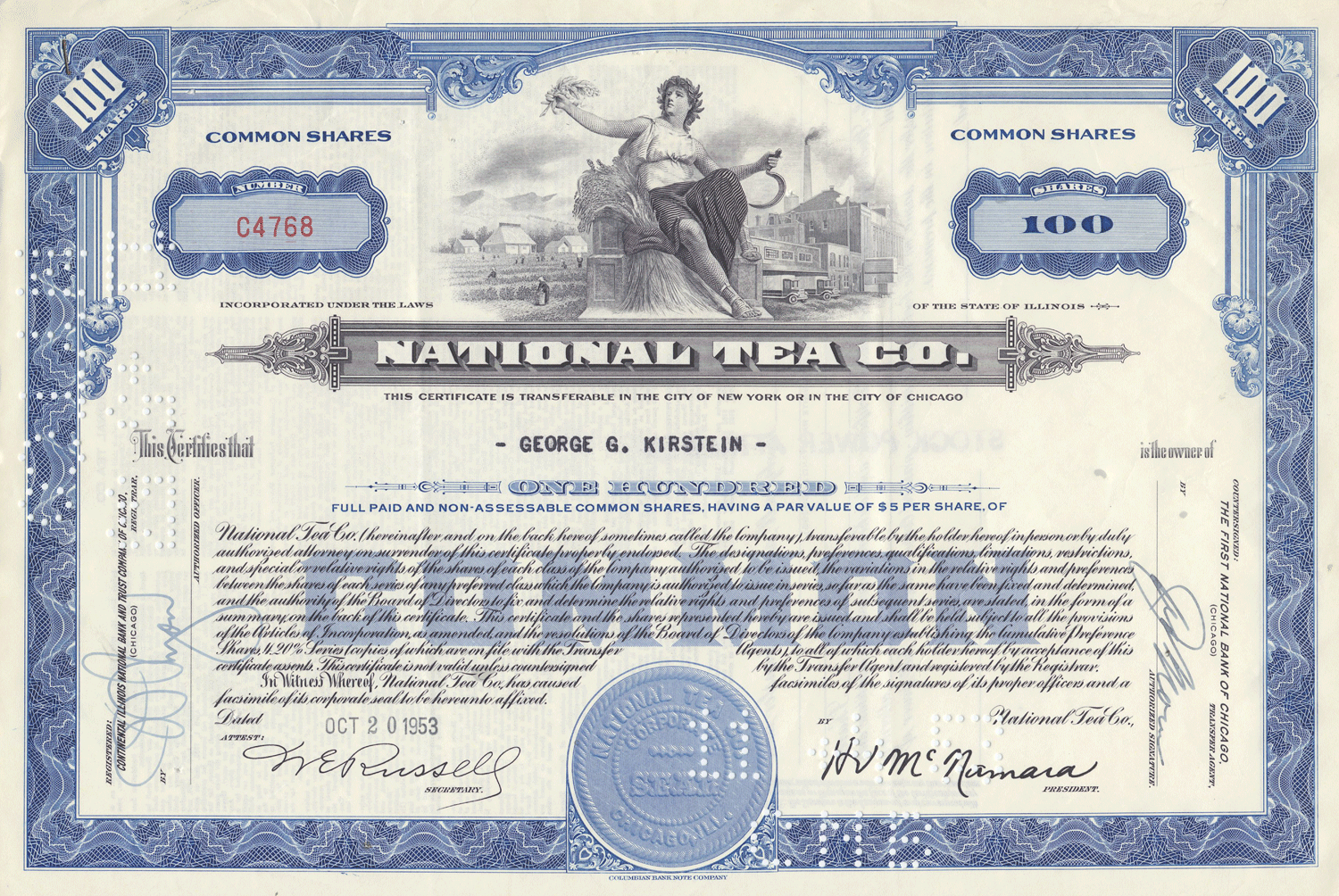 National Tea Co. Stock Certificate - Ghosts of Wall Street