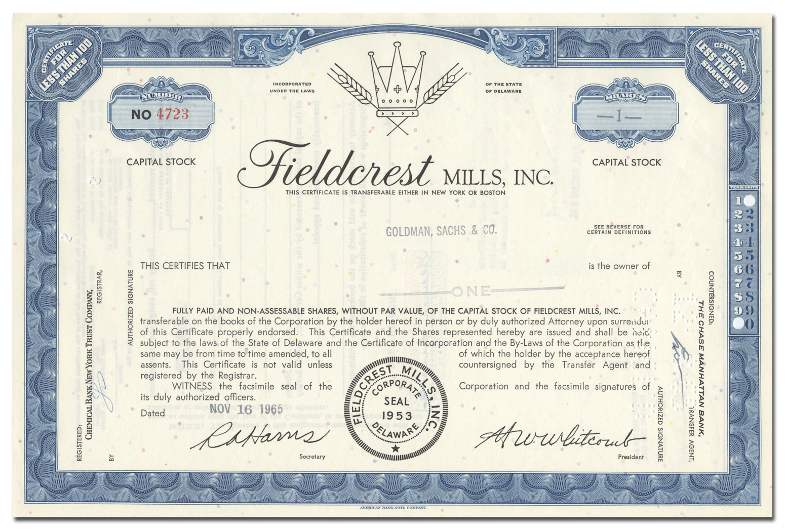 Fieldcrest Mills, Inc. Stock Certificate - Ghosts of Wall Street