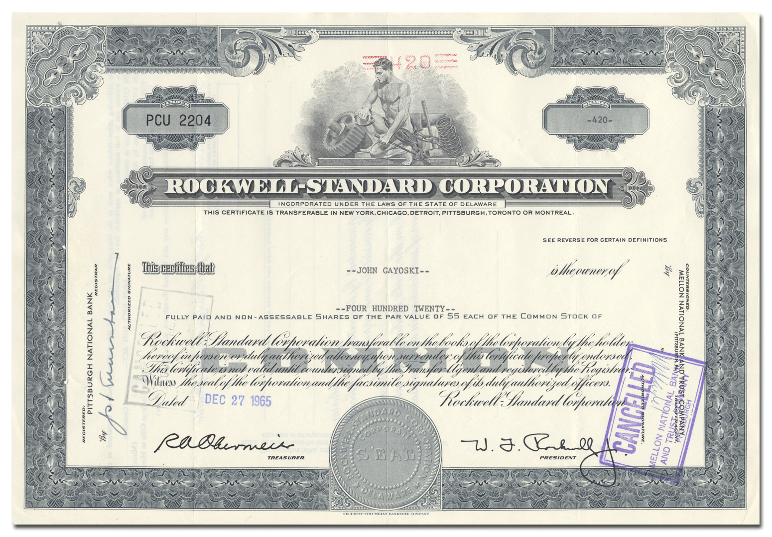 Rockwell-Standard Corp. Stock Certificate - Ghosts of Wall Street
