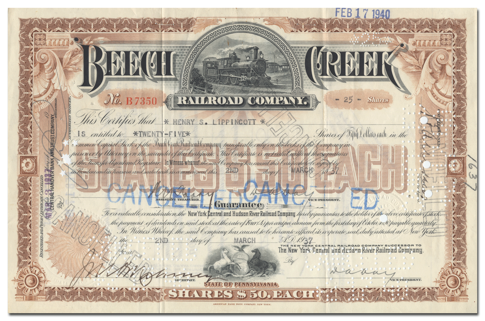 Beech Creek Railroad Company Stock Certificate - Ghosts of Wall Street
