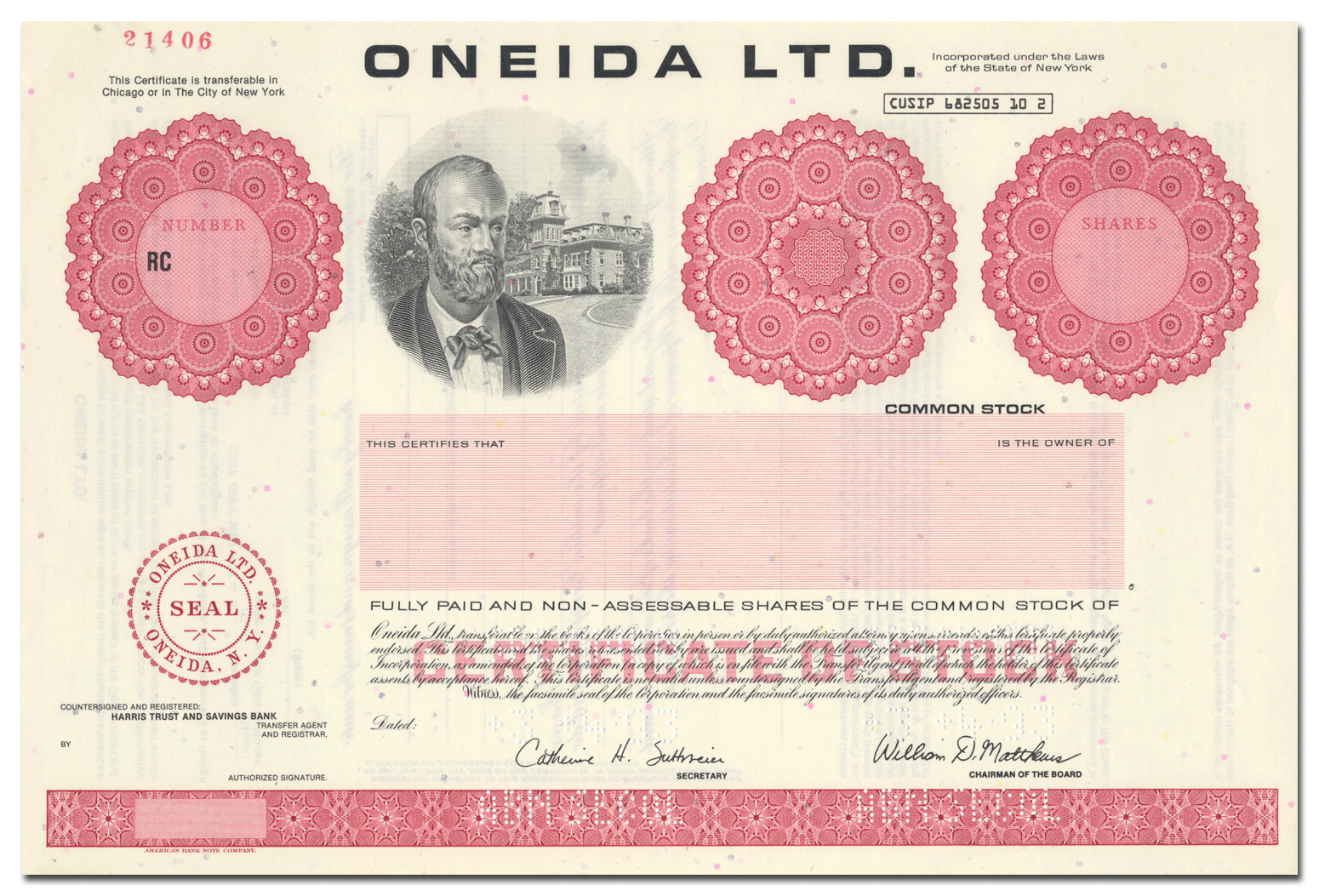 Oneida Ltd. Specimen Stock Certificate - Ghosts of Wall Street
