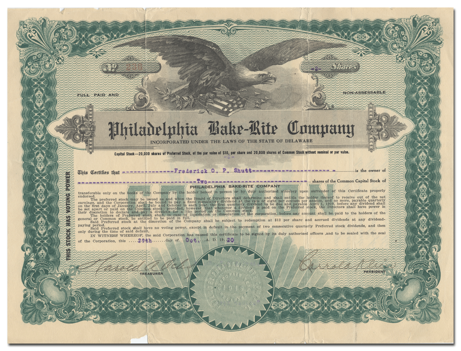 Philadelphia Bake-Rite Co. Stock Certificate - Ghosts of Wall Street