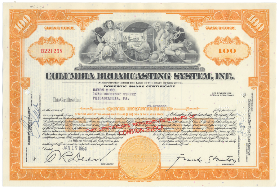 Columbia Broadcasting System, Inc. (CBS) Stock Certificate - Ghosts of ...