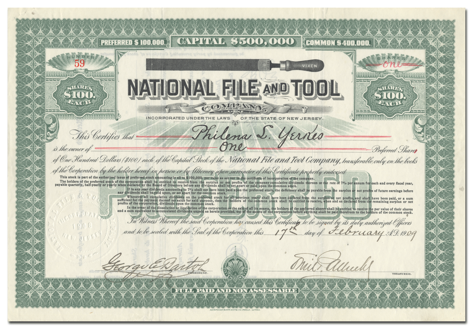 National File and Tool Co. Stock Certificate - Ghosts of Wall Street