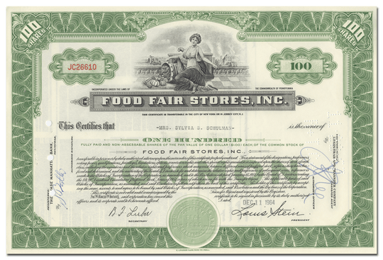 Food Fair Stores, Inc. Stock Certificate - Ghosts of Wall Street