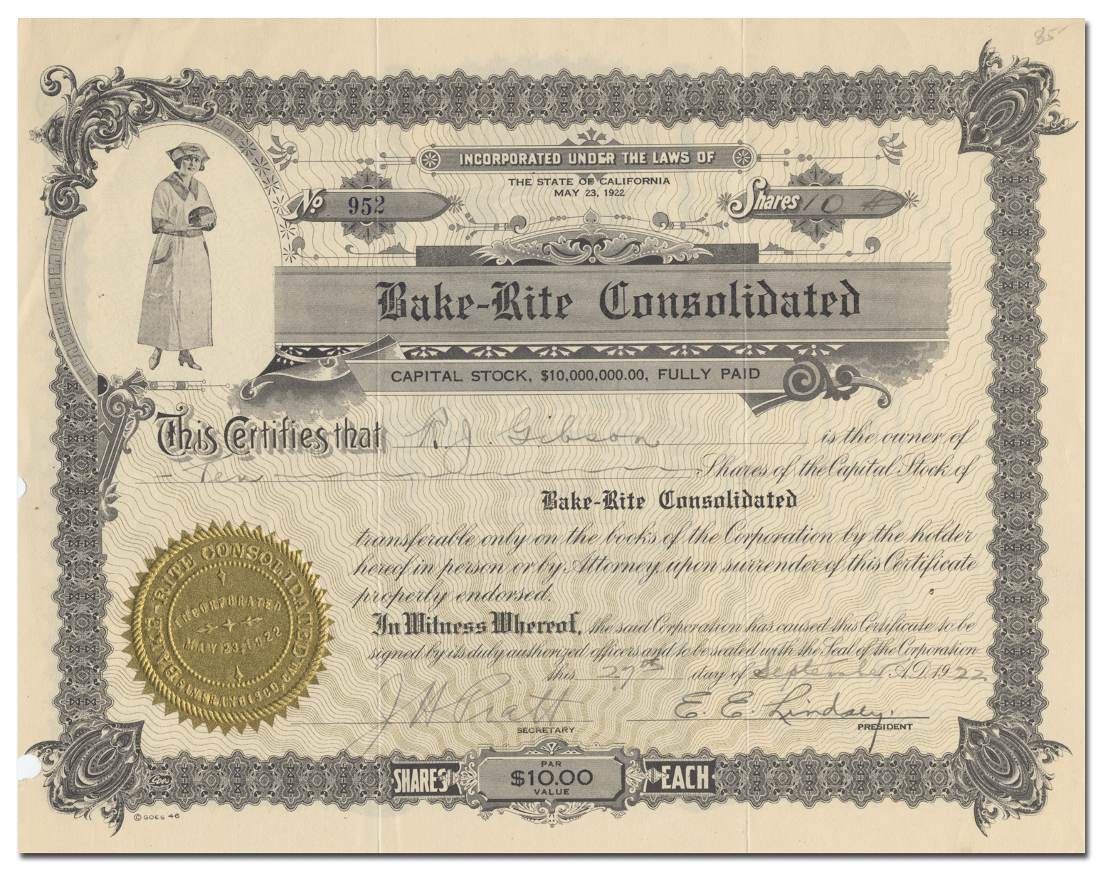 Bake-Rite Consolidated Stock Certificate - Ghosts of Wall Street