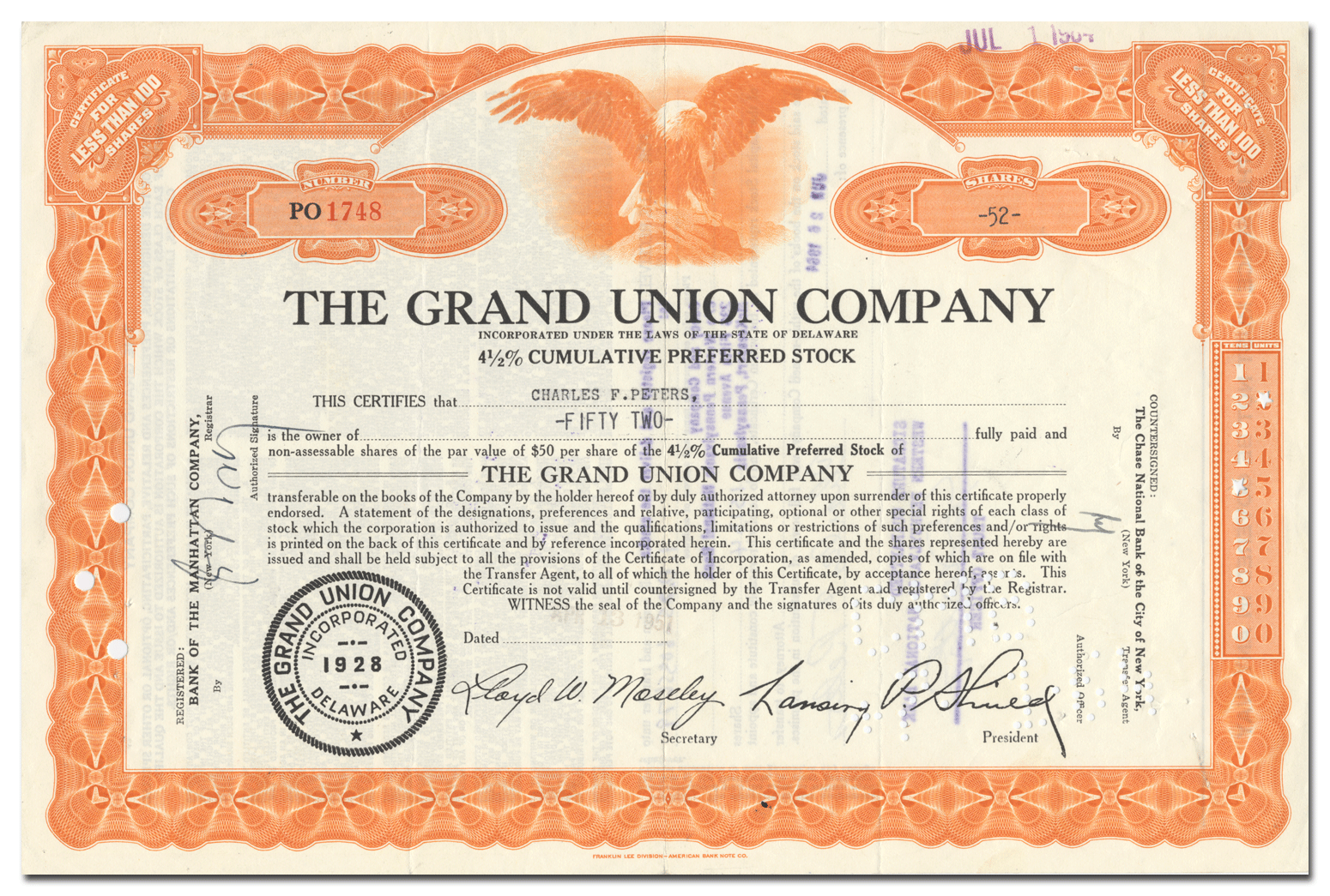 Grand Union Company Stock Certificate - Ghosts of Wall Street