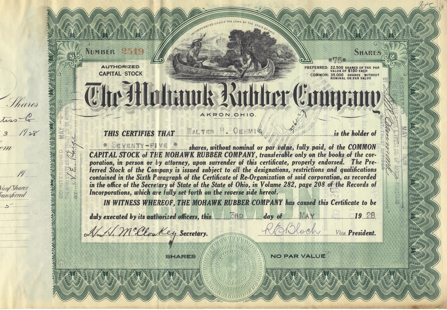 Mohawk Rubber Company Stock Certificate - Ghosts of Wall Street